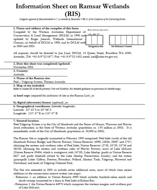 Information Sheet on Ramsar Wetlands (RIS) | Peel-Harvey Catchment Council